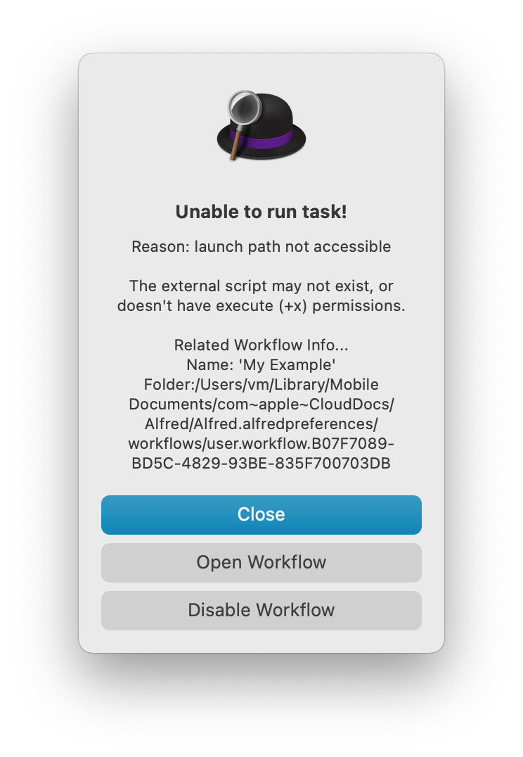 Seeing the "Unable to run task!" error message - Alfred Help and Support
